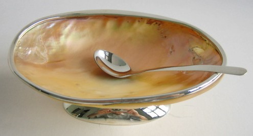 Sterling Silver Abalone Shell Dish with Silver Trimming.